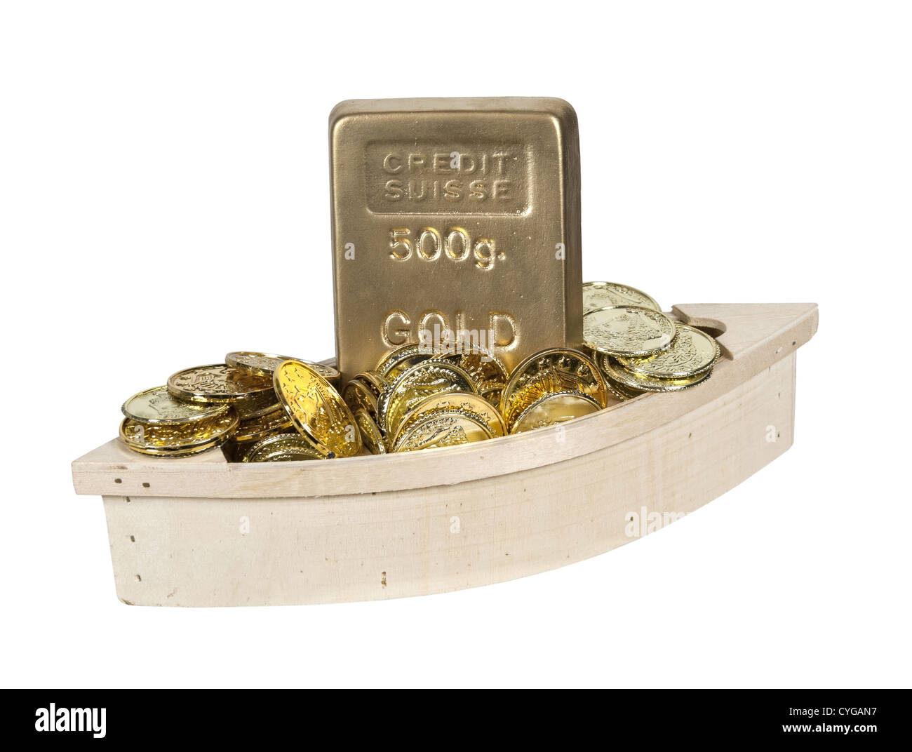 Wooden boat filled with gold coins and gold bars - path included Stock ...