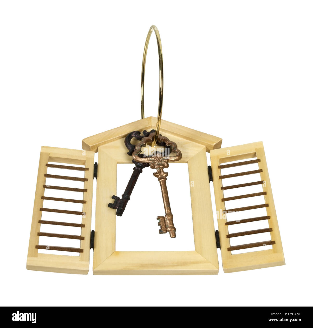 Wooden shutters of a home on a key ring with vintage keys - path ...