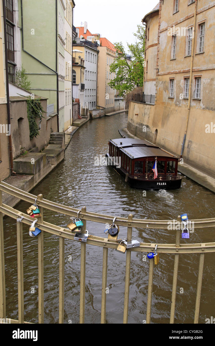 Padlock hanging from a bridge railing on Kampa Island in Prague, Czech ...