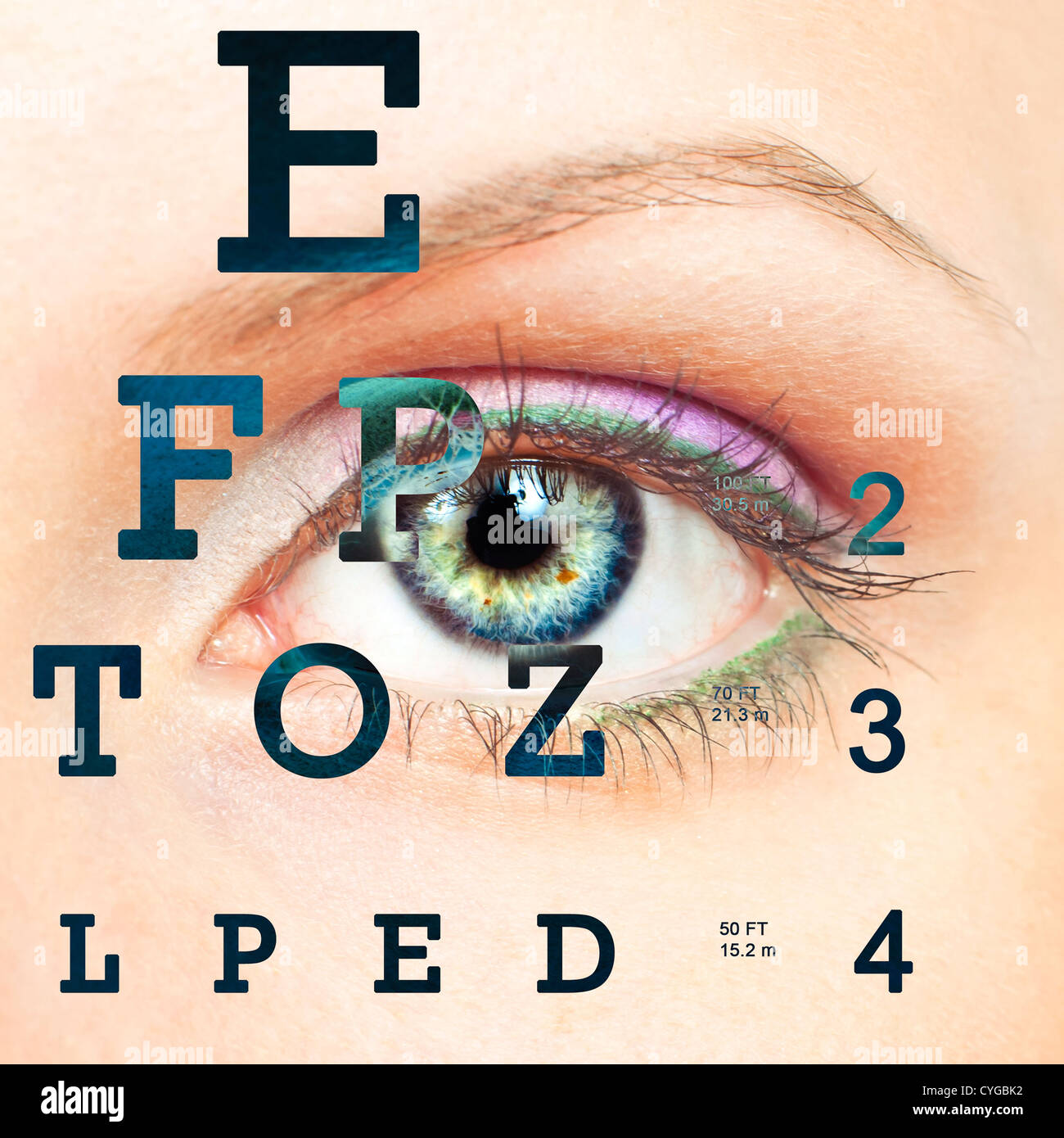 Eye with test vision chart close up Stock Photo - Alamy