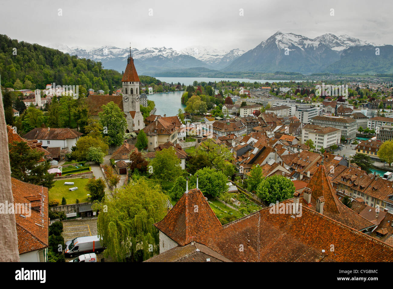 view of Thun, Alps from tower of Schloss Thun Stock Photo - Alamy