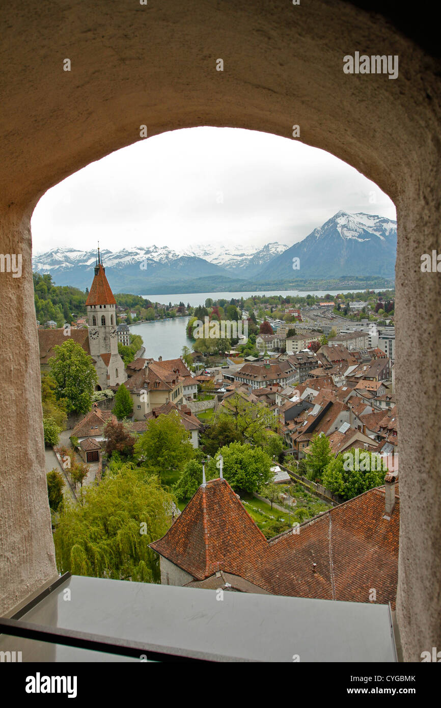 view of Thun, Alps from tower of Schloss Thun Stock Photo - Alamy