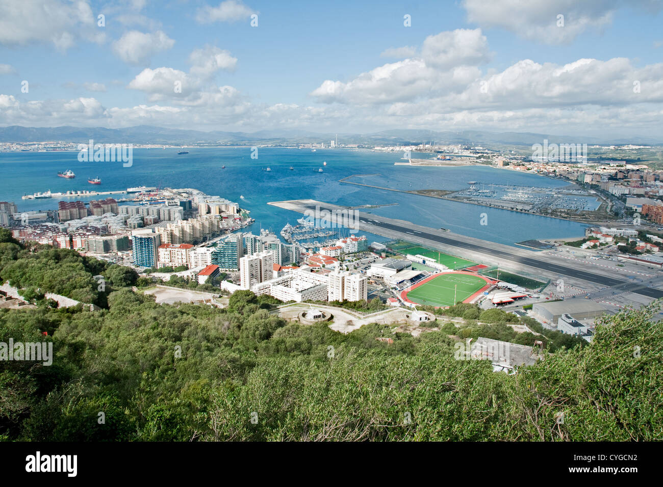The runway at Gibraltar, with the Spanish border and Gibraltar Bay ...