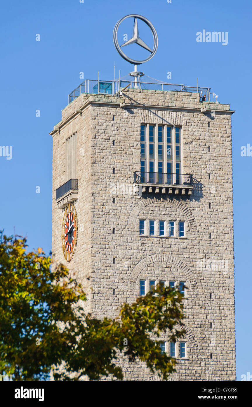 Stuttgart Main Train Station building, tower with clock and Mercedes ...