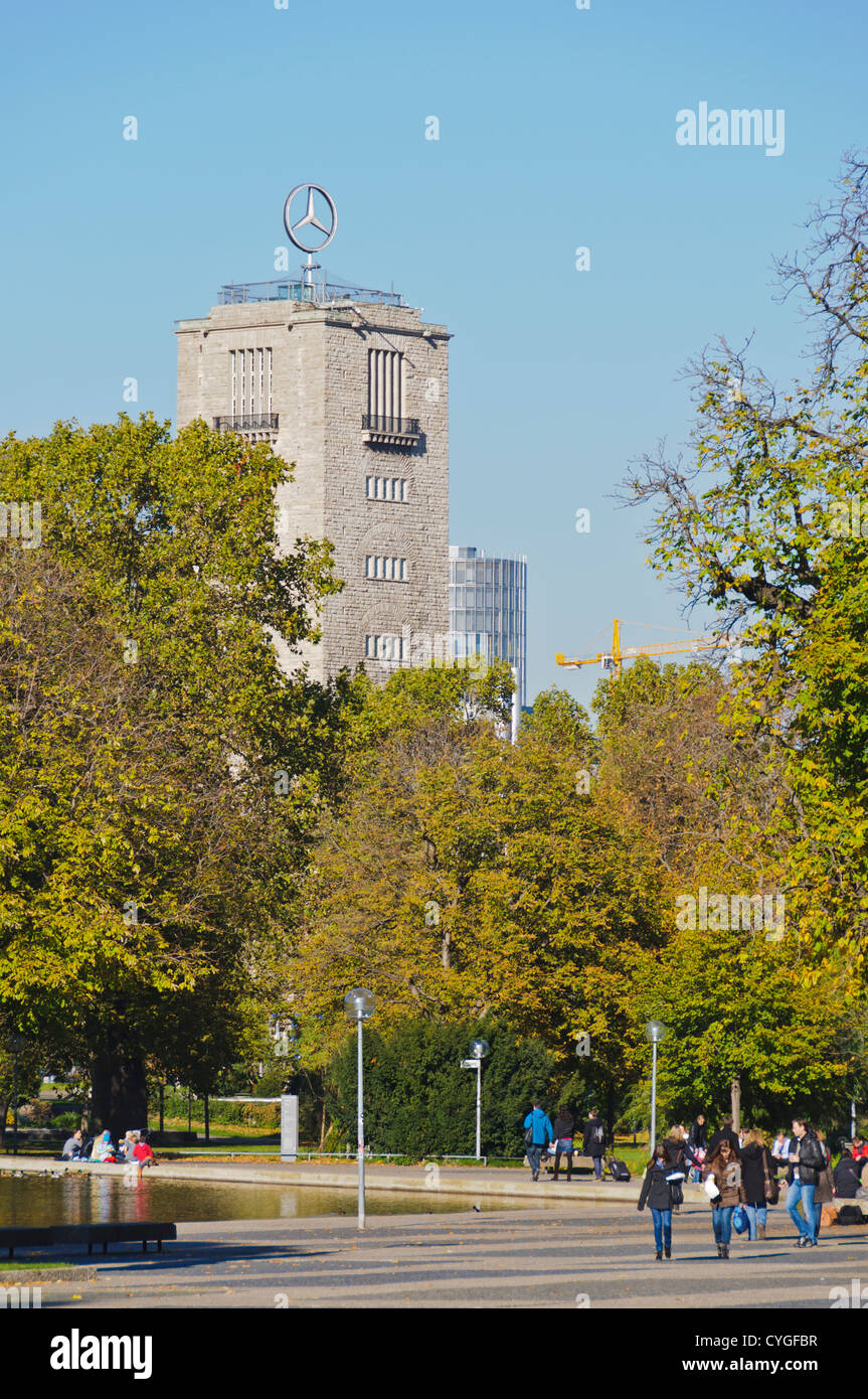 Stuttgart Main Train Station building, tower with clock and Mercedes ...