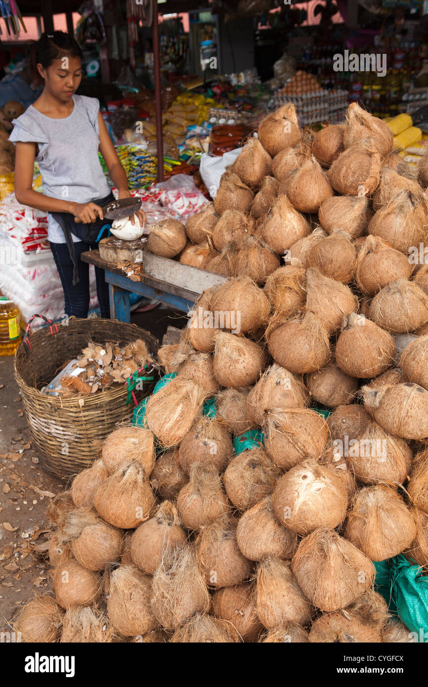 Woman selling and chopping coconuts at Pakse Market, Laos Stock Photo ...