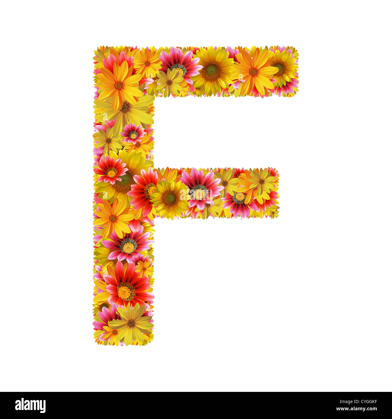 Letter F created of flowers isolated on white background (with clipping ...