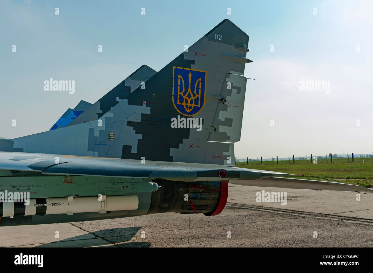 Camouflage and stencils on the tail of fighter MiG-29 - left side Stock ...