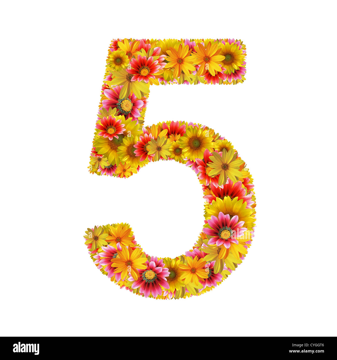 Number 5 created of flowers isolated on white background (with clipping ...