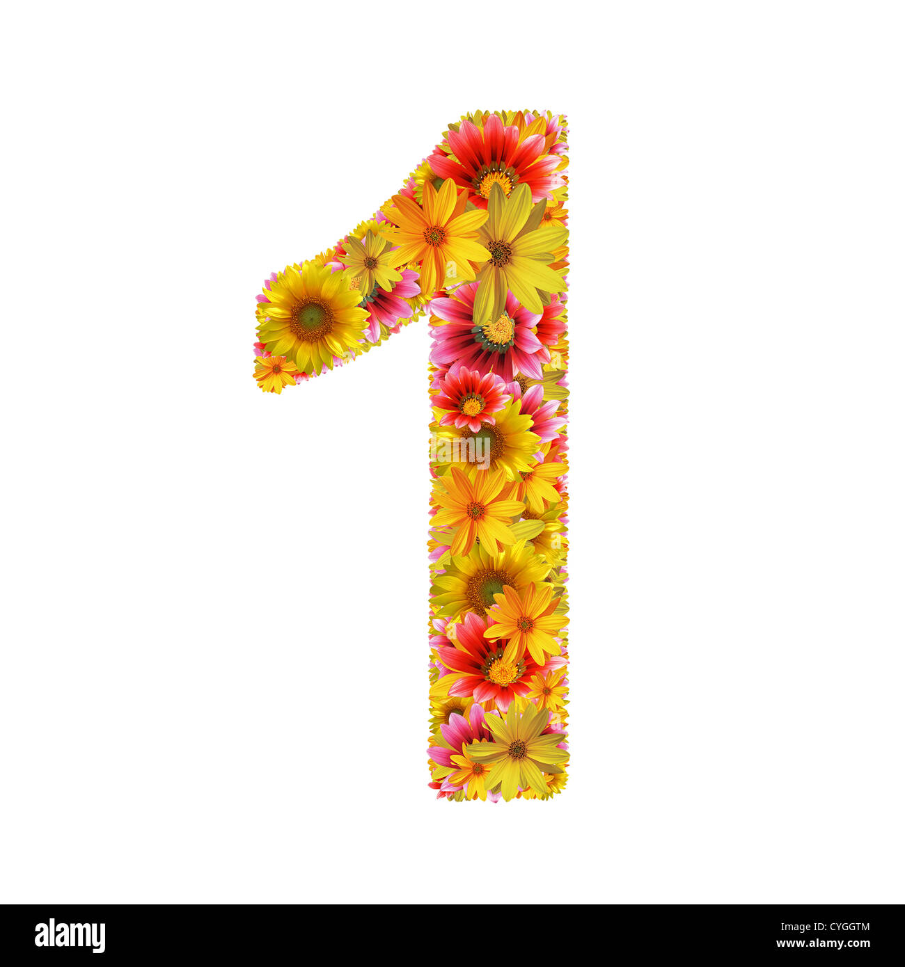 Number 1 created of flowers isolated on white background (with clipping ...
