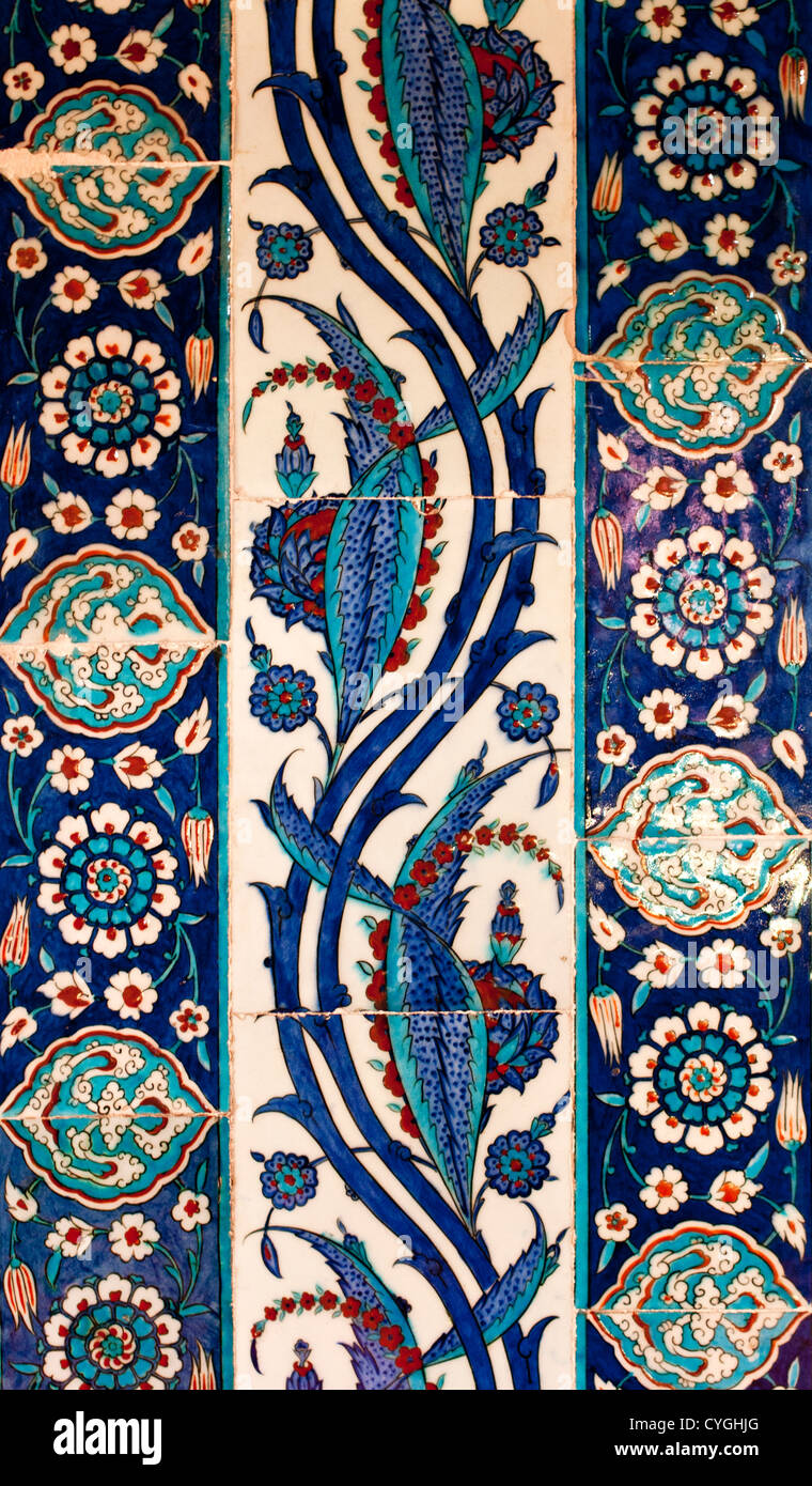 Stylized flower and leaf motifs on Iznik tiles in Rustem Pasa Mosque ...