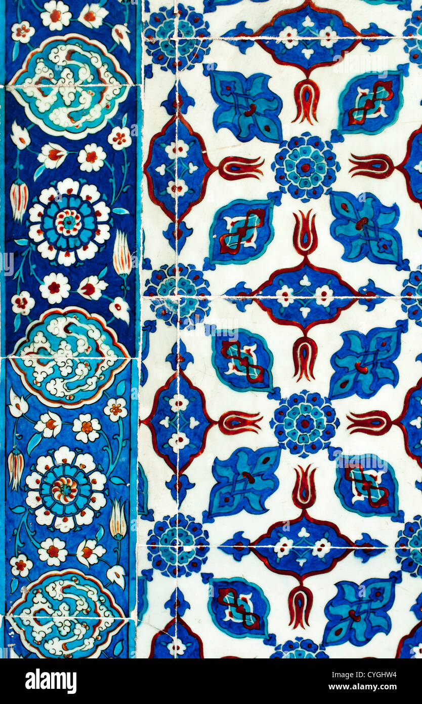 Stylized flower motifs on Iznik tiles in Rustem Pasa Mosque, Eminonu ...