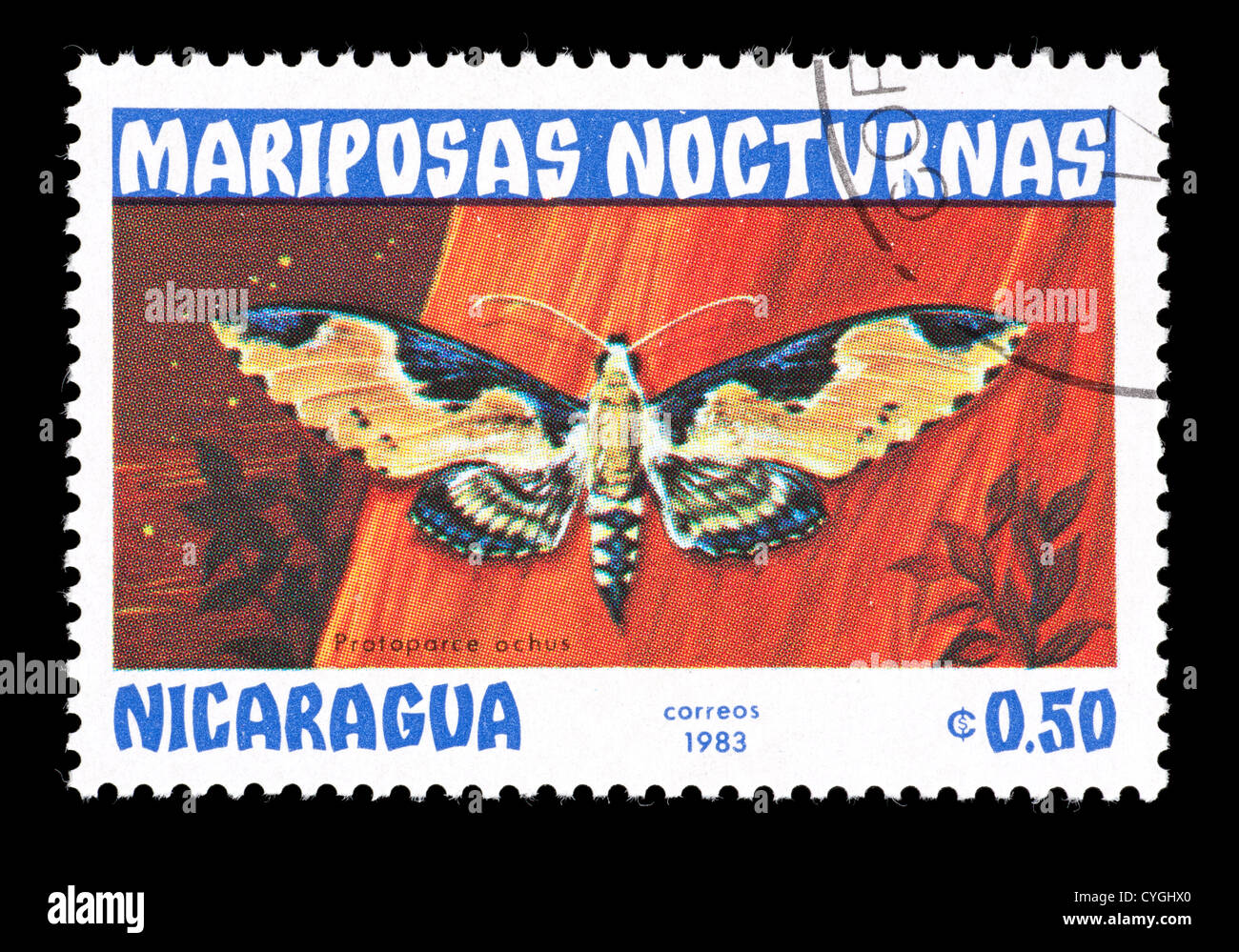 Postage stamp from Nicaragua depicting a moth (Protoparce ochus Stock ...