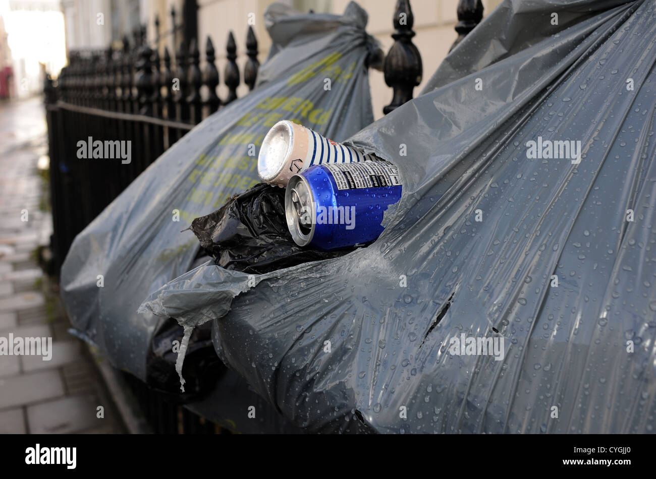 Commercial Waste Only rubbish bags hanging on iron railings fence in ...