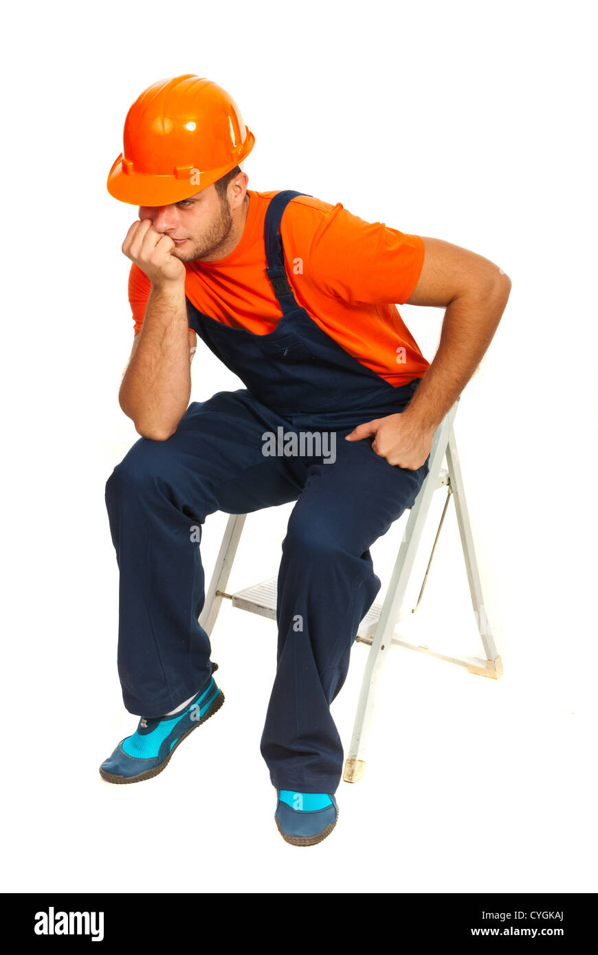 Sad constructor worker sitting and waiting on step ladder isolated on ...