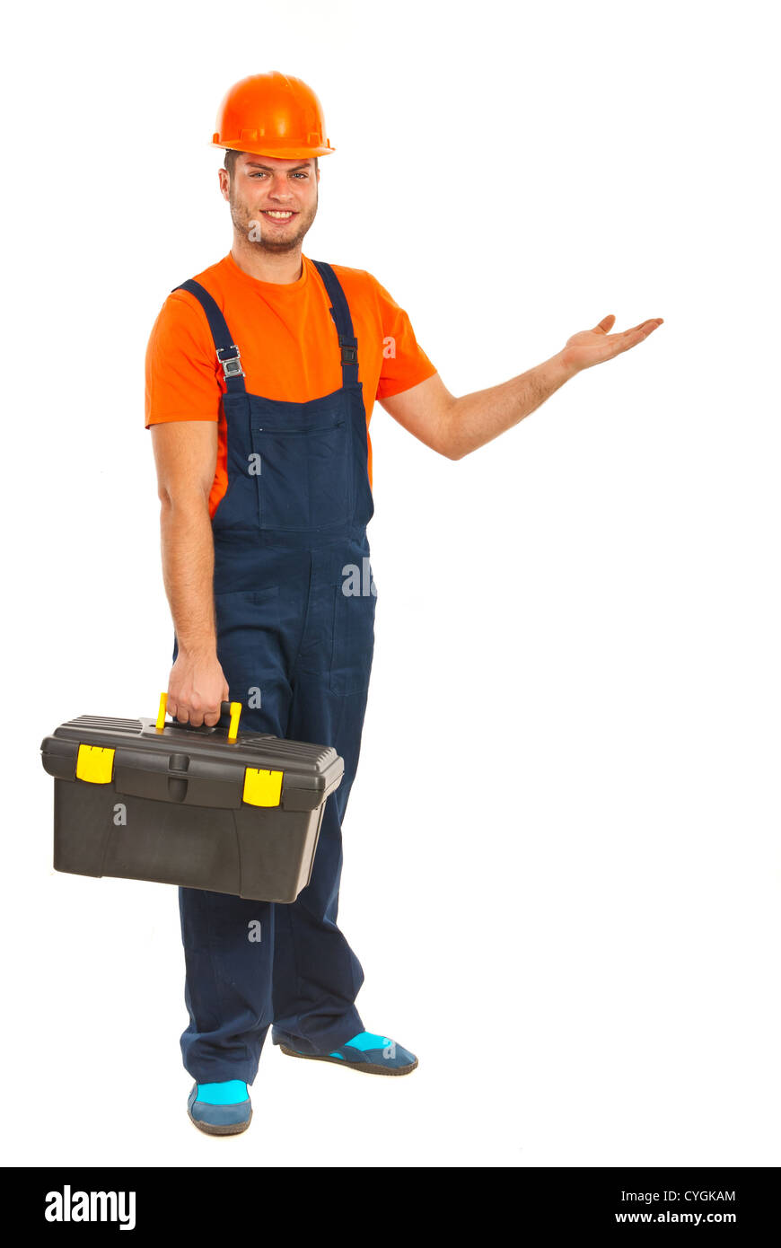 Full length of worker man making presentation isolated on white ...