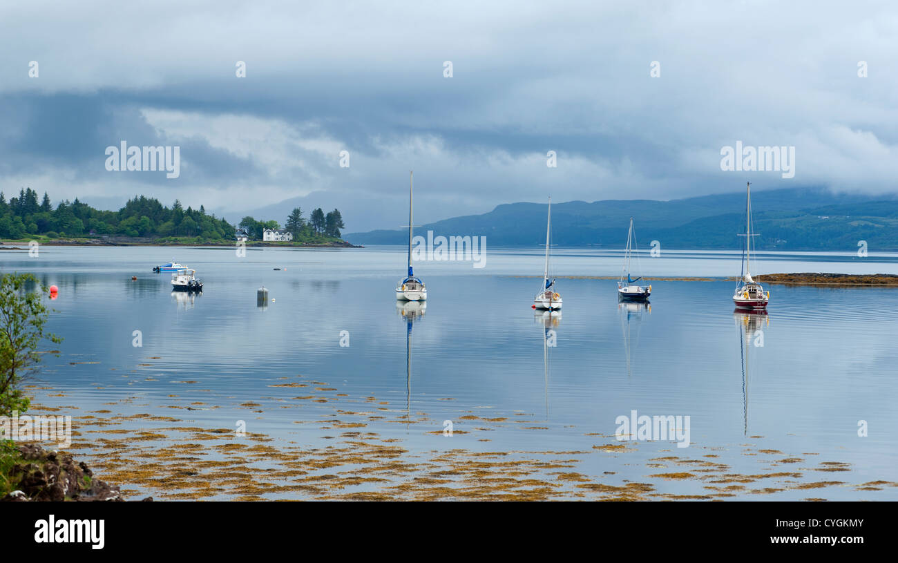Moored Yachts near Aros Castle in Salen Bay Isle of Mull. Scotland. SCO ...