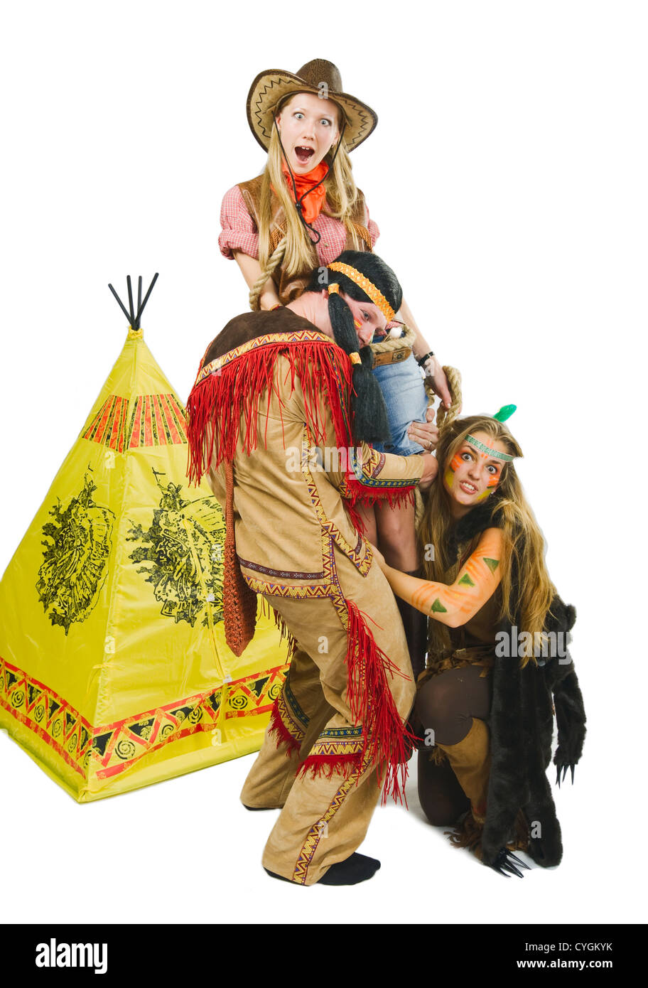 Indian Native traditional warrior couple capturing cowgirl - tying with ...