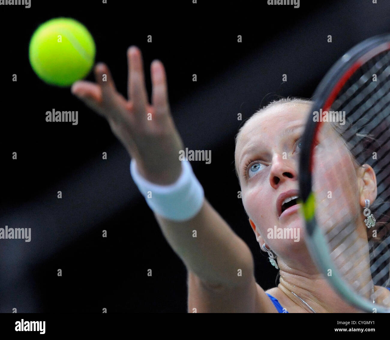 Petra Kvitova of Czech Republic serves a ball to Ana Ivanovic during ...