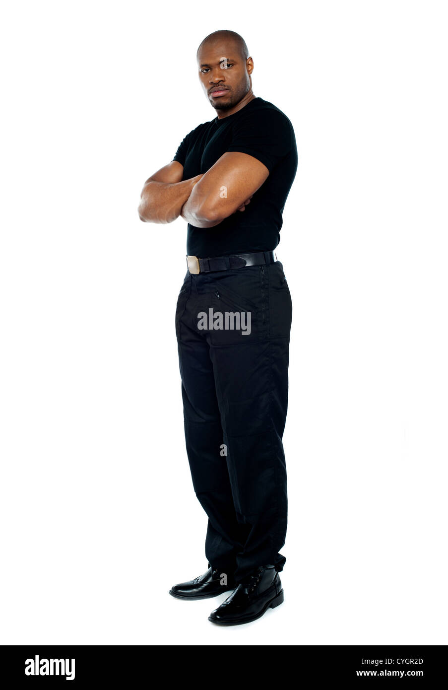 Male security guard with strong arms crossed on white background Stock ...