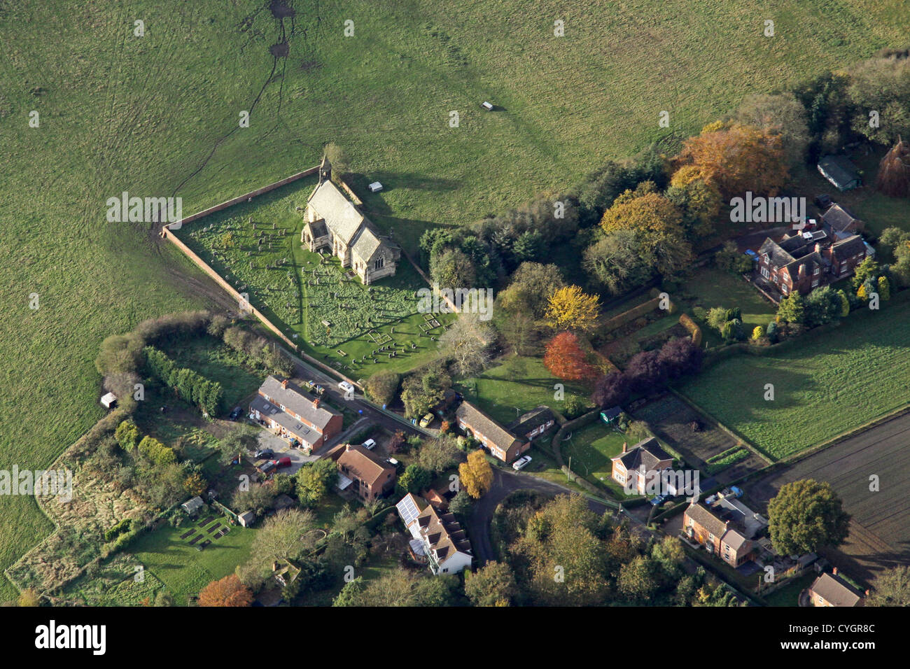 aerial view of Ellerton village and Ellerton Priory church, south of ...
