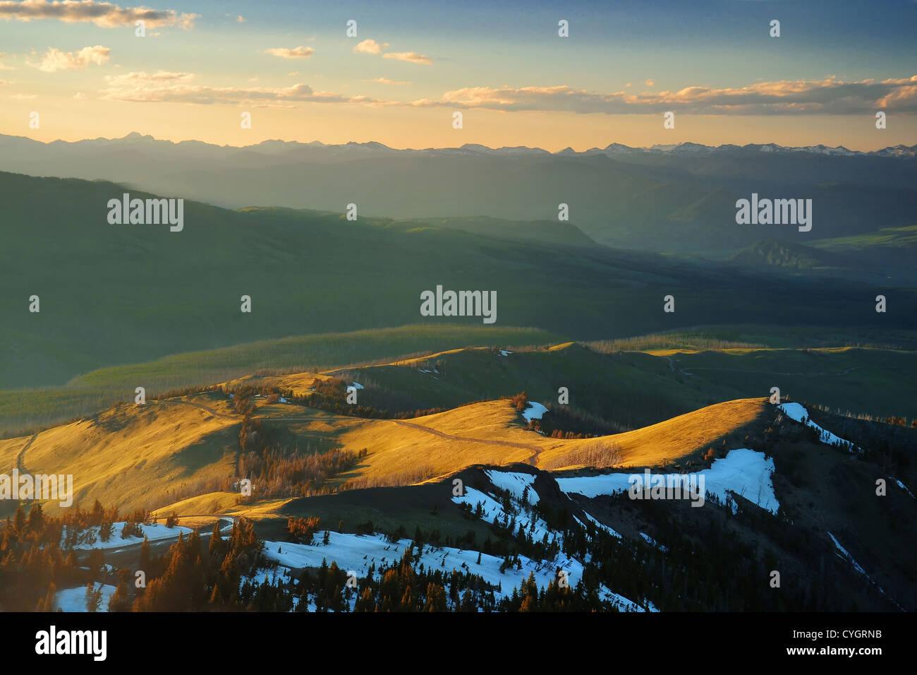 A view from the top peak of Yellowstone National Park showing mountain ...
