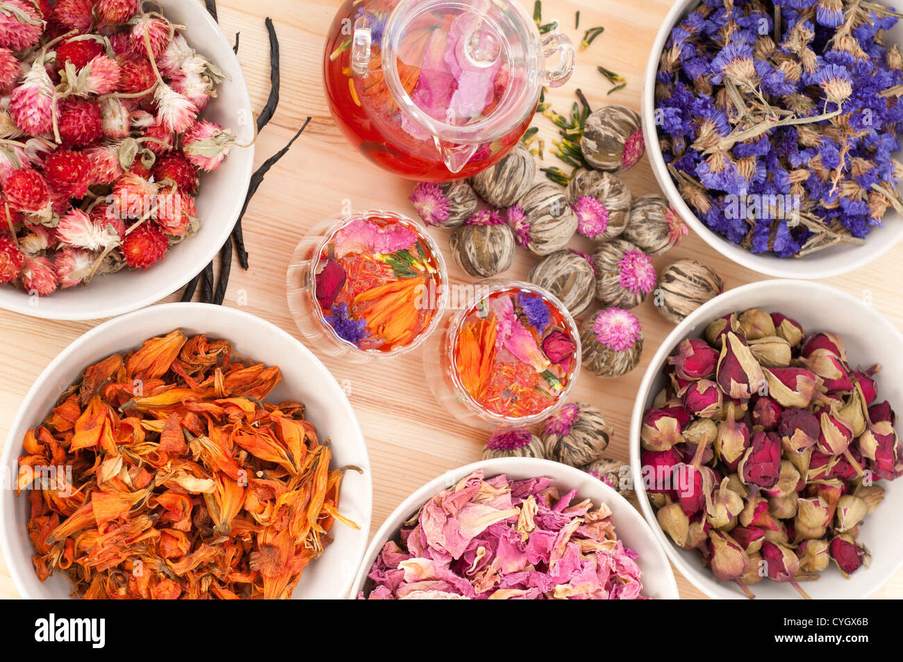 Herbal natural floral tea infusion with dry flowers ingredients Stock ...