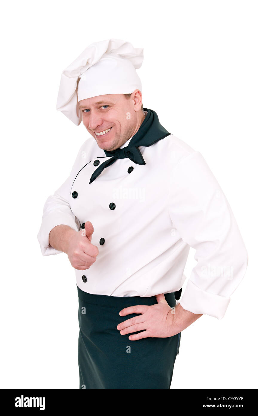 man cook shows all right isolated on white background Stock Photo - Alamy