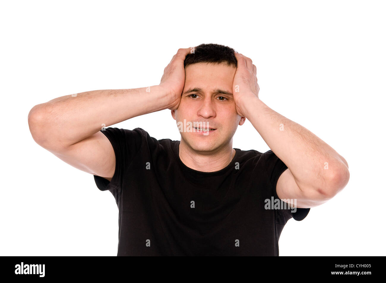 frustrated man put his hands on his head isolated on white background ...