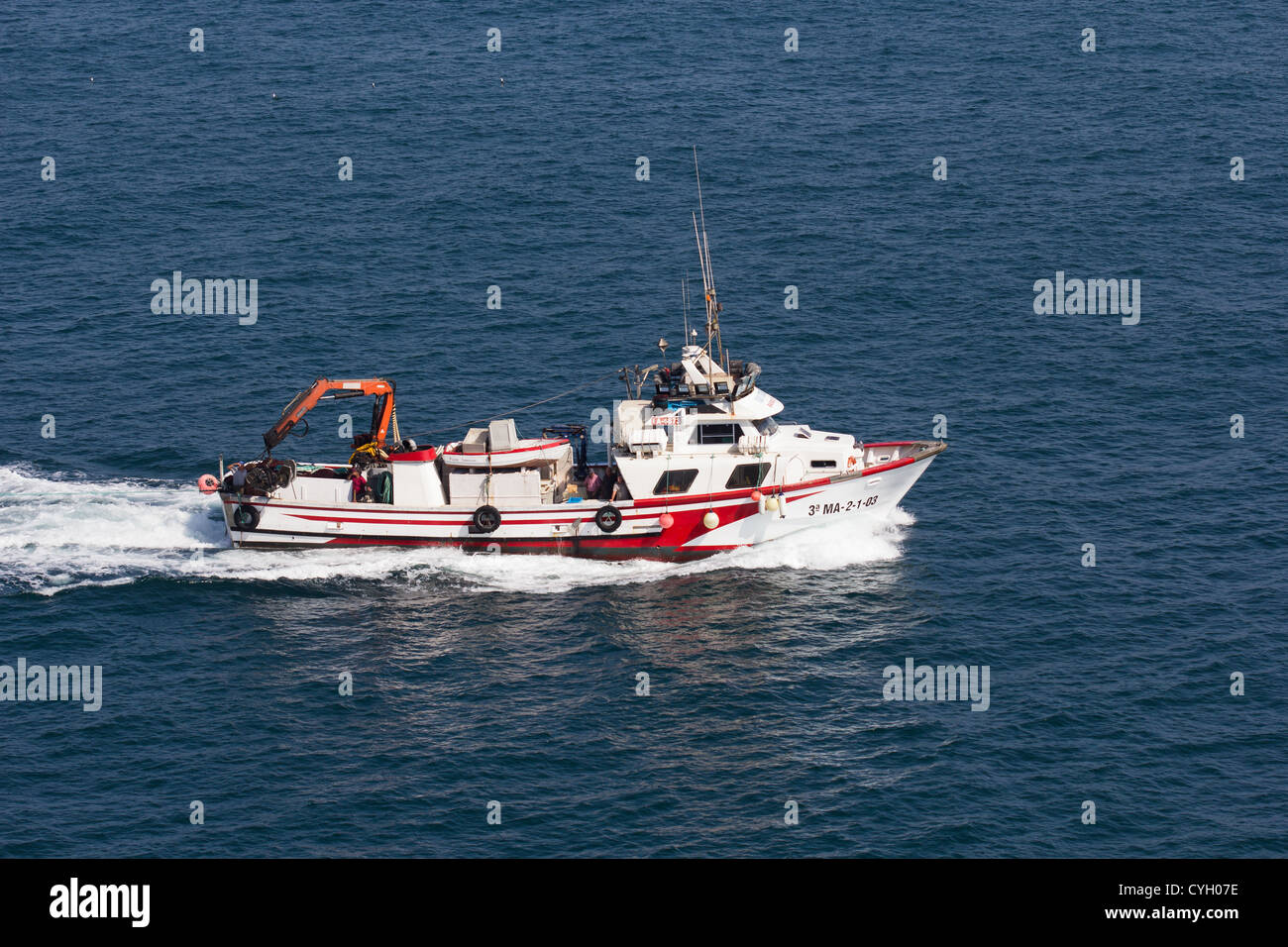 Spanish inshore fishing vessel arriving Cadiz Harbour Spain Stock Photo ...