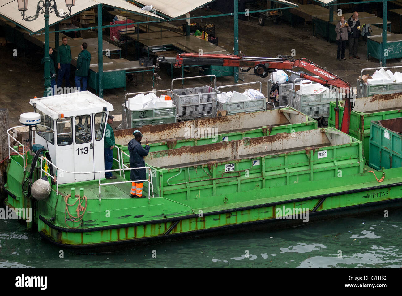 Refuse collection at the Old Fish Market in Venice - bins of rubbish ...