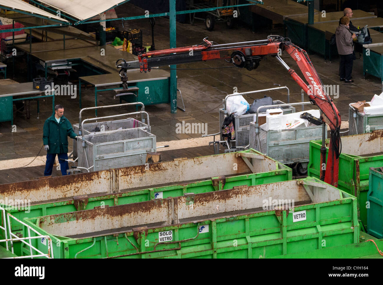 Refuse collection at the Old Fish Market in Venice - bins of rubbish ...