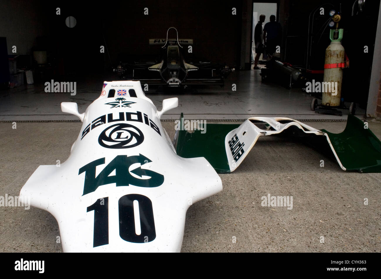 The removed bodywork of a classic Formula One racing car with Saudia ...