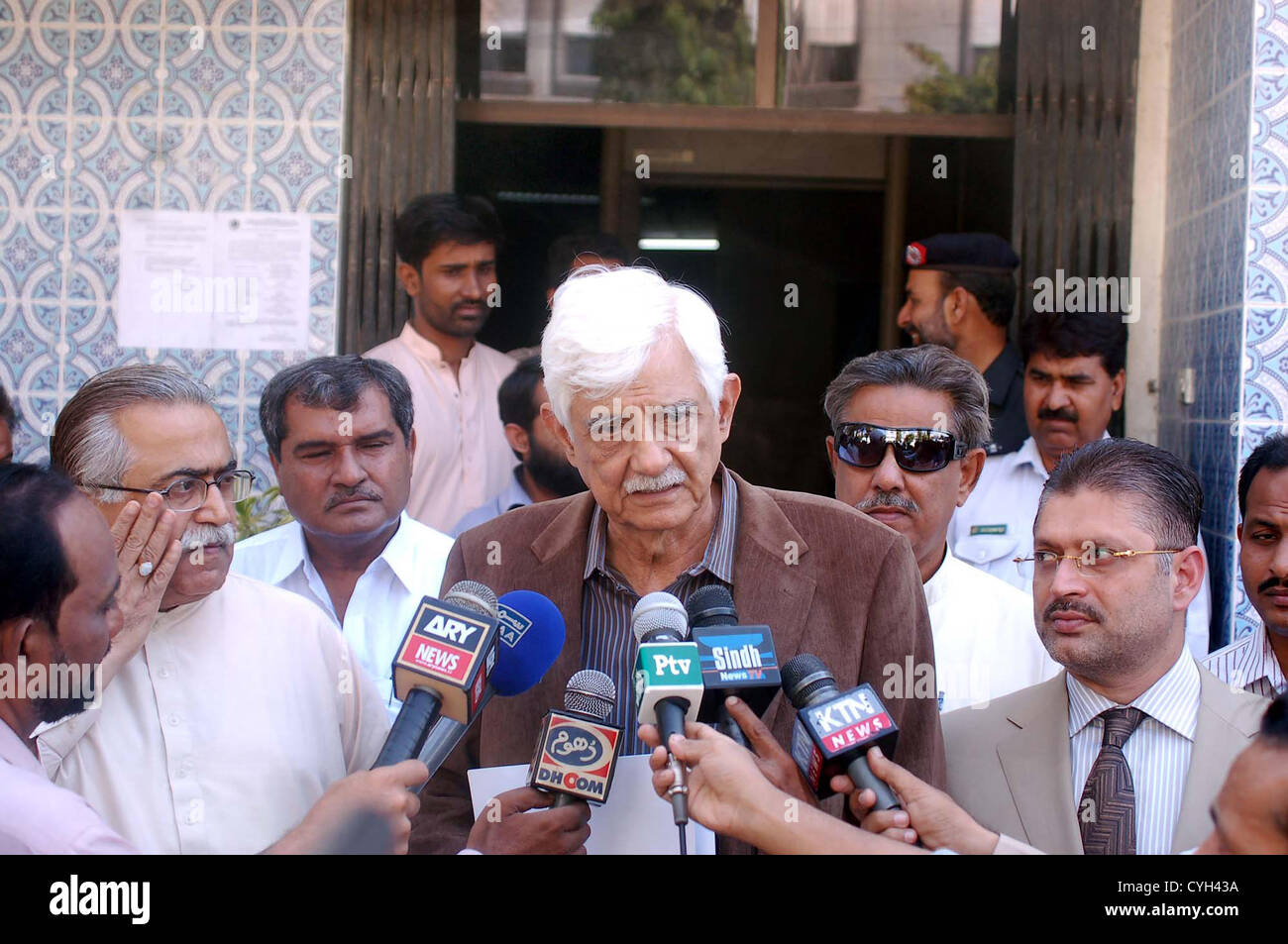 Senator (R) Taj Haider talks with media after making a complaint ...