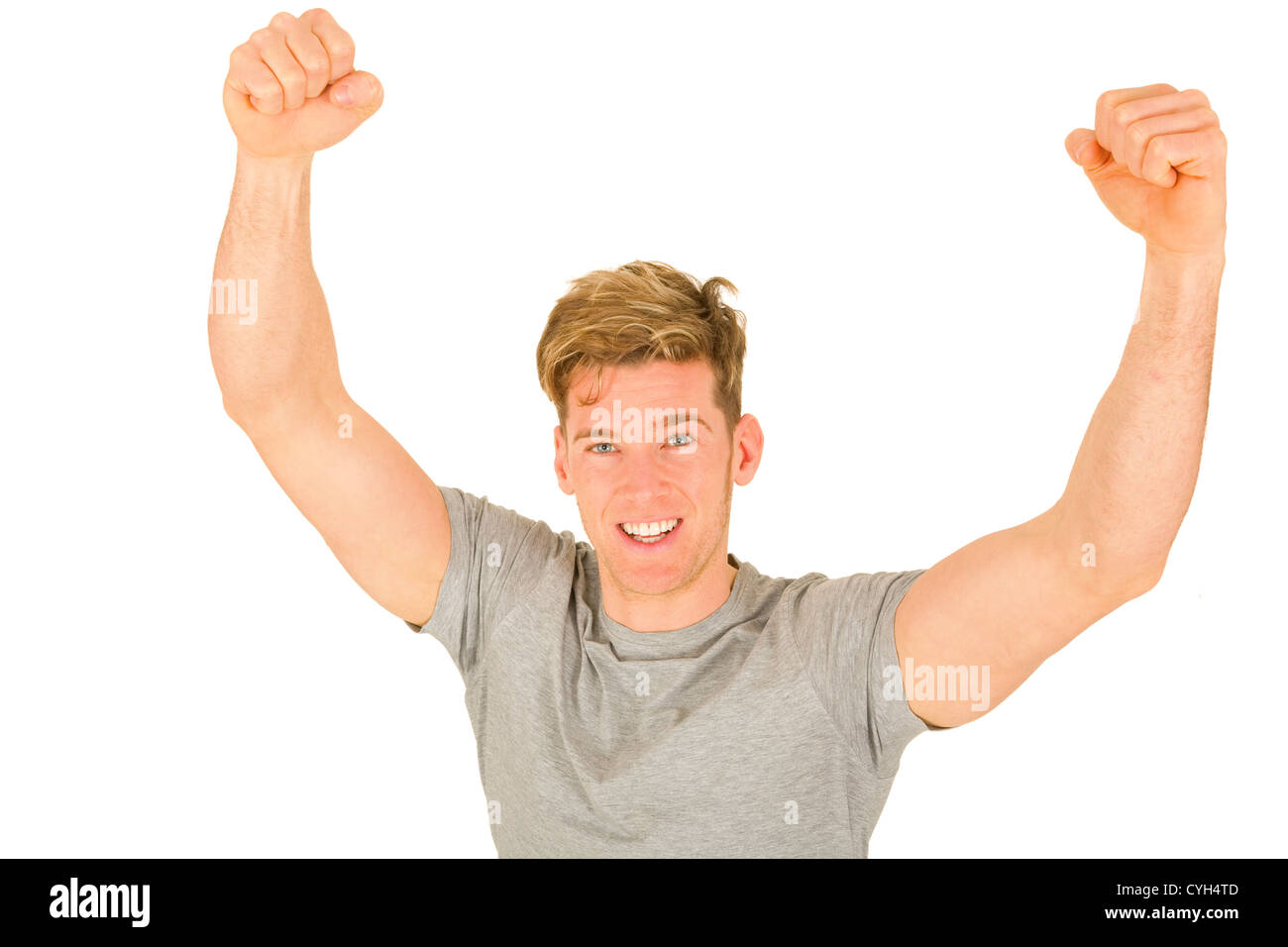 young man with arms up Stock Photo - Alamy