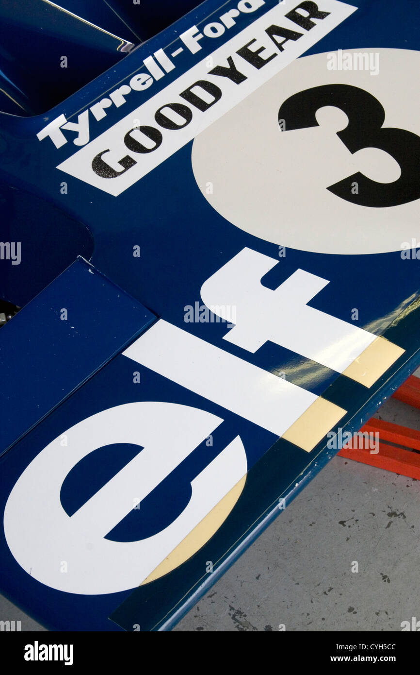 The front wing of a blue Tyrell Ford classic formula one car sponsored ...