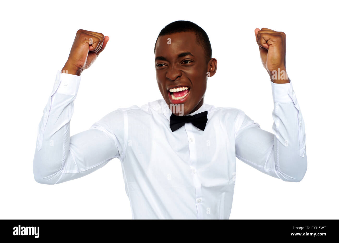 Black excited african man enjoying his success isolated over white ...