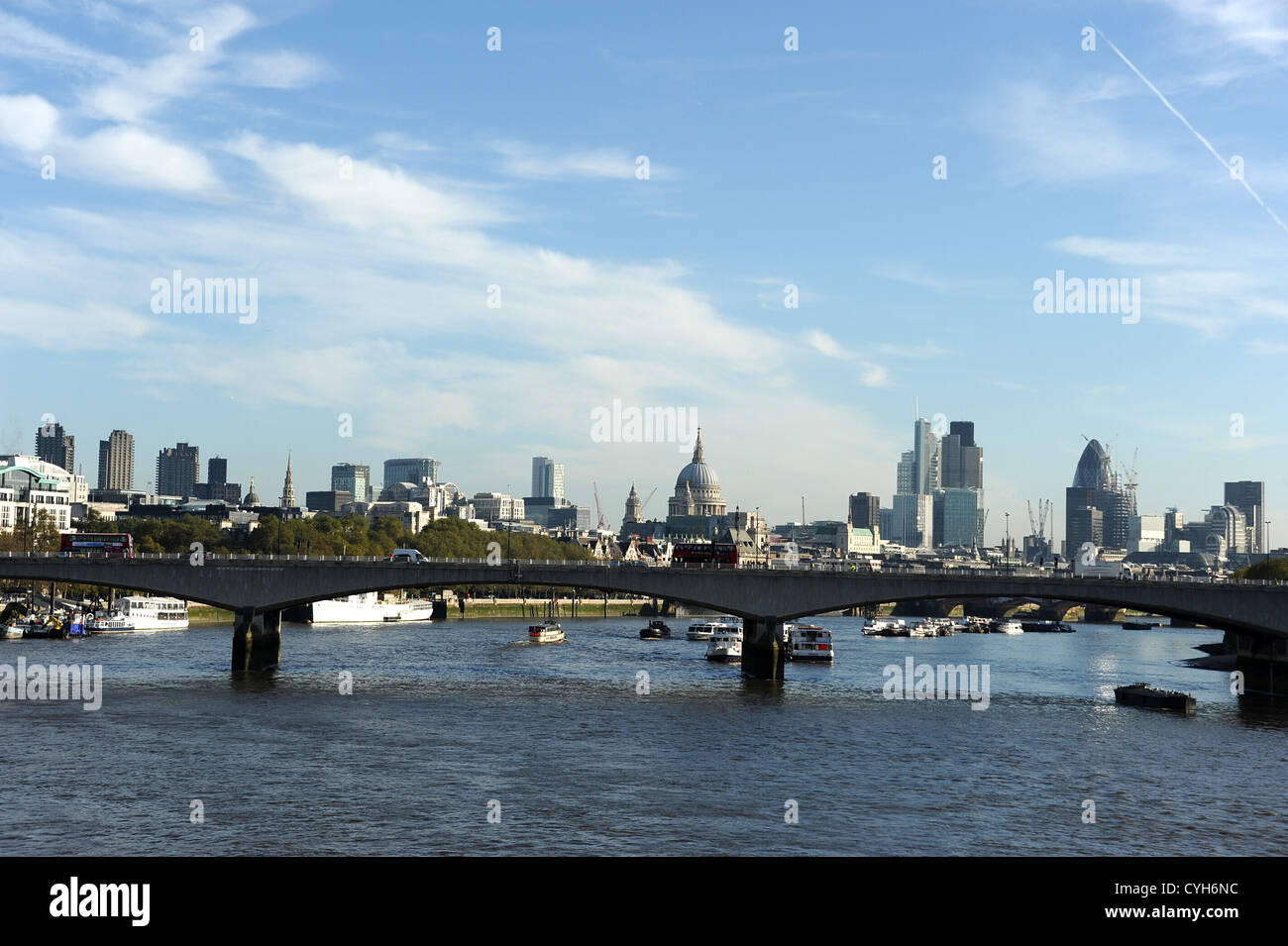 View across the River Thames from Hungerford Footbridge, London Stock ...