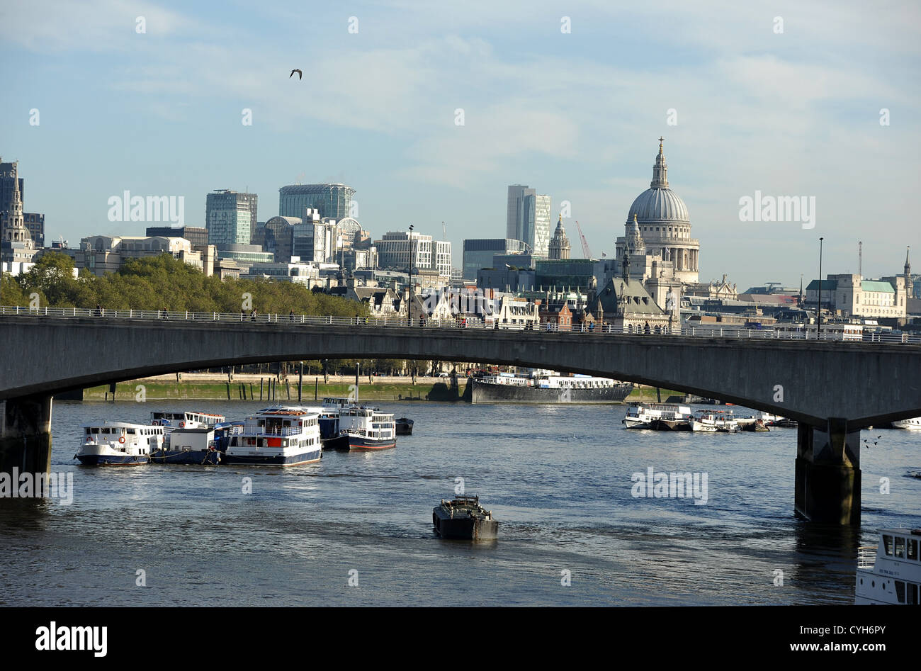 View across the River Thames from Hungerford Footbridge, London Stock ...