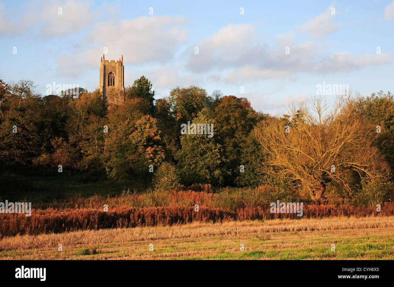 An autumn scene in the countryside with a church tower rising above ...