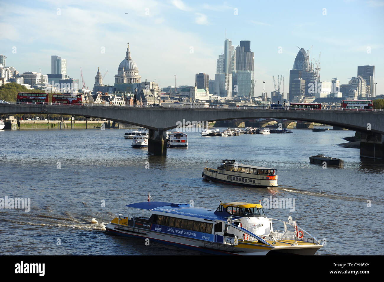 View across the River Thames from Hungerford Footbridge, London Stock ...