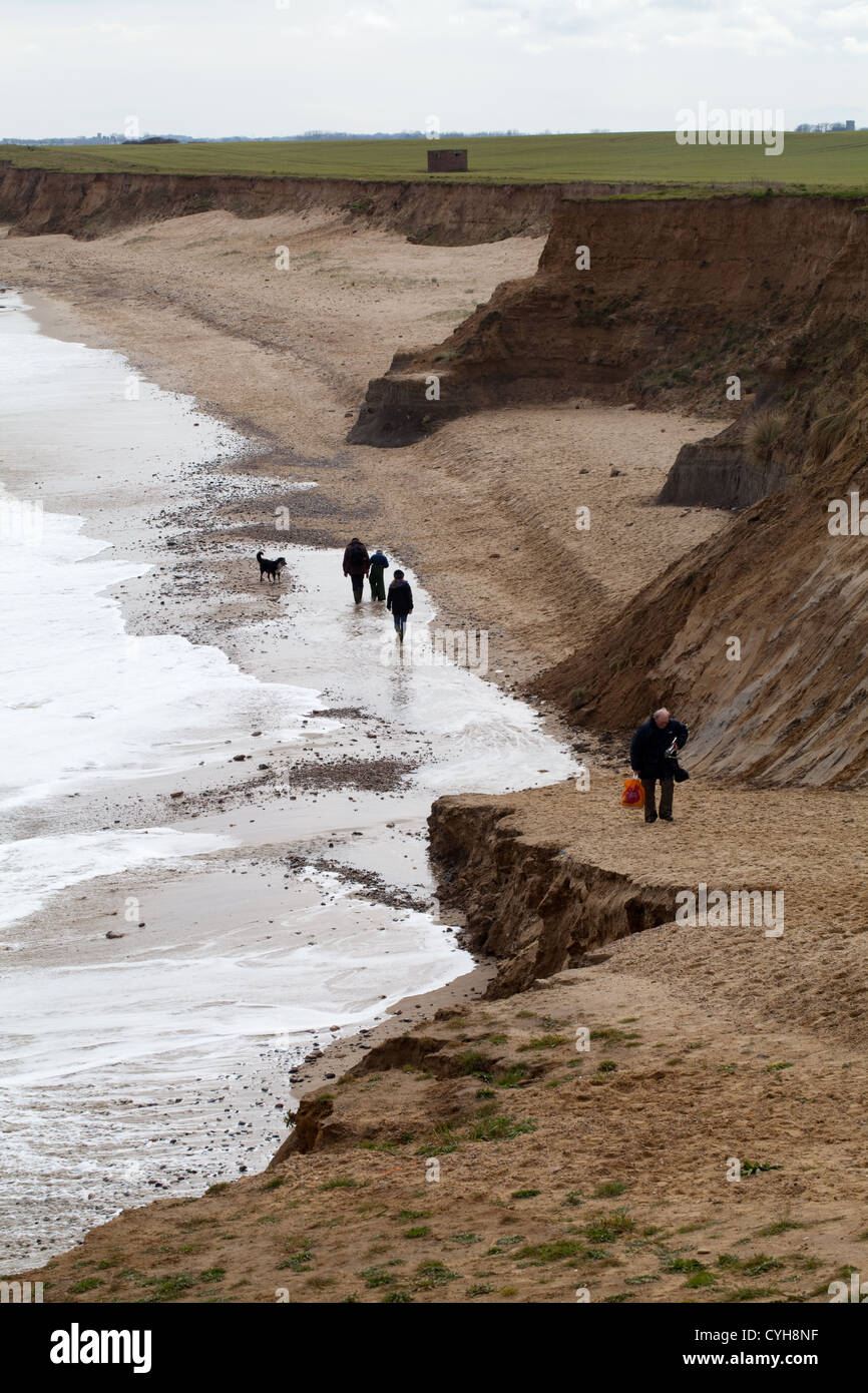 Walkers and dog on Happisburgh beach. Norfolk. Tide encroaches and will ...