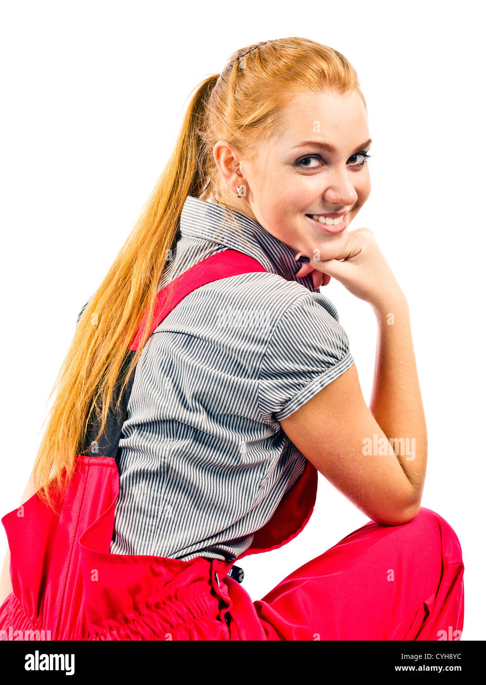 Young happy woman in red overalls , isolated on white Stock Photo - Alamy