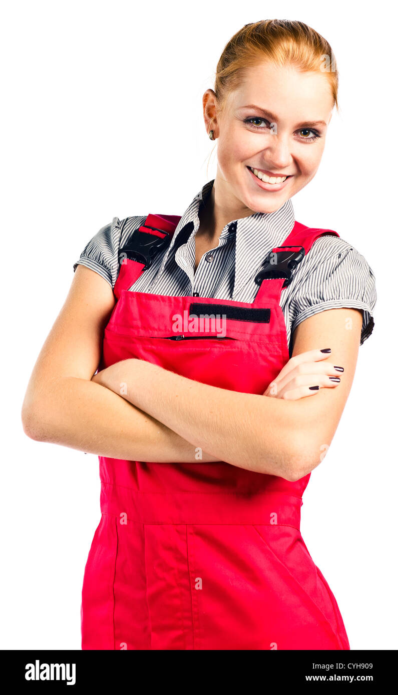 Young happy woman in red overalls , isolated on white Stock Photo - Alamy