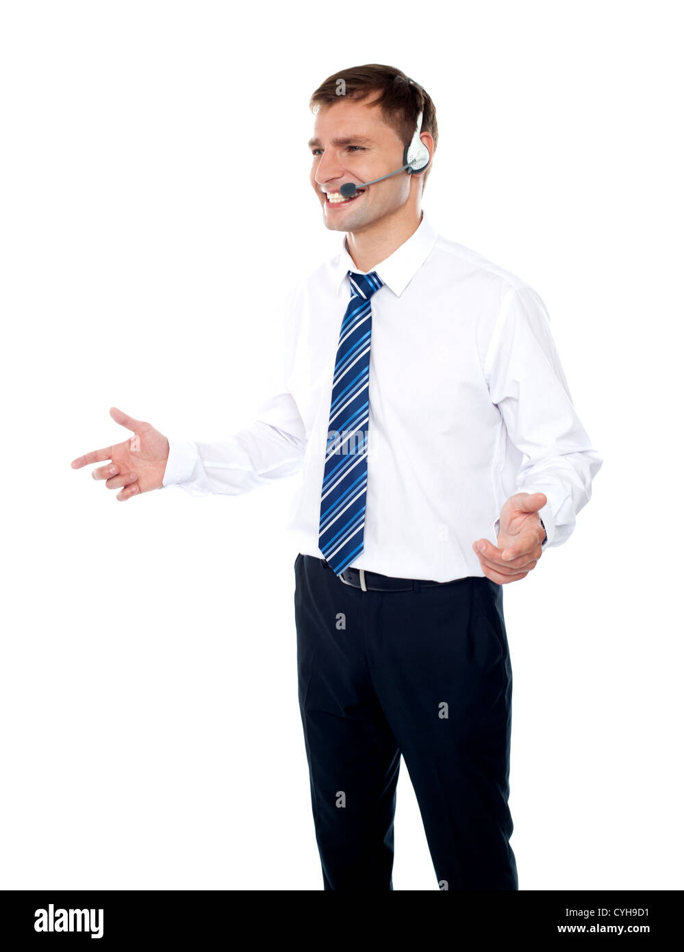 Smiling male operator explaining discounted offer to customer over the ...