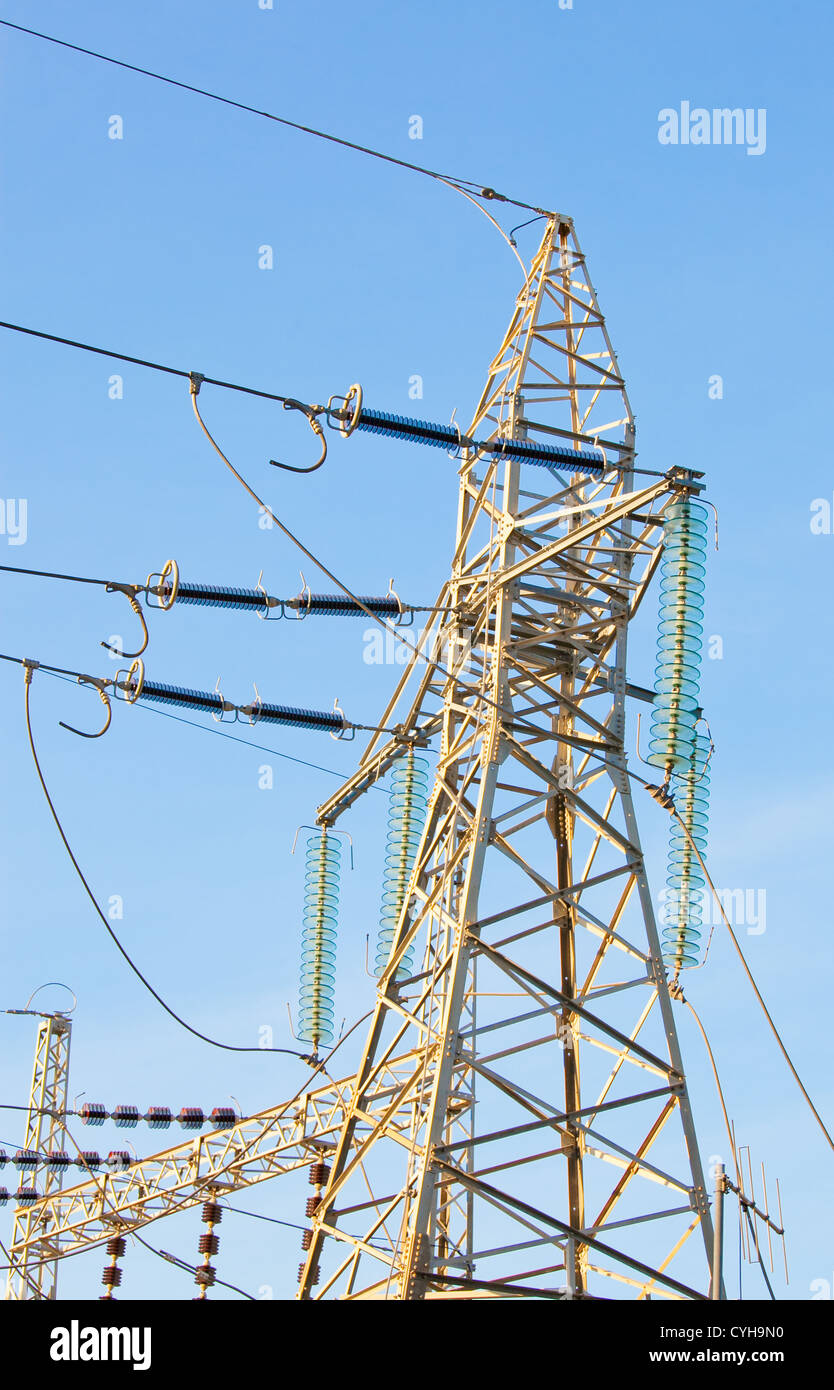 High voltage electricity pylon for the transport and transformation ...