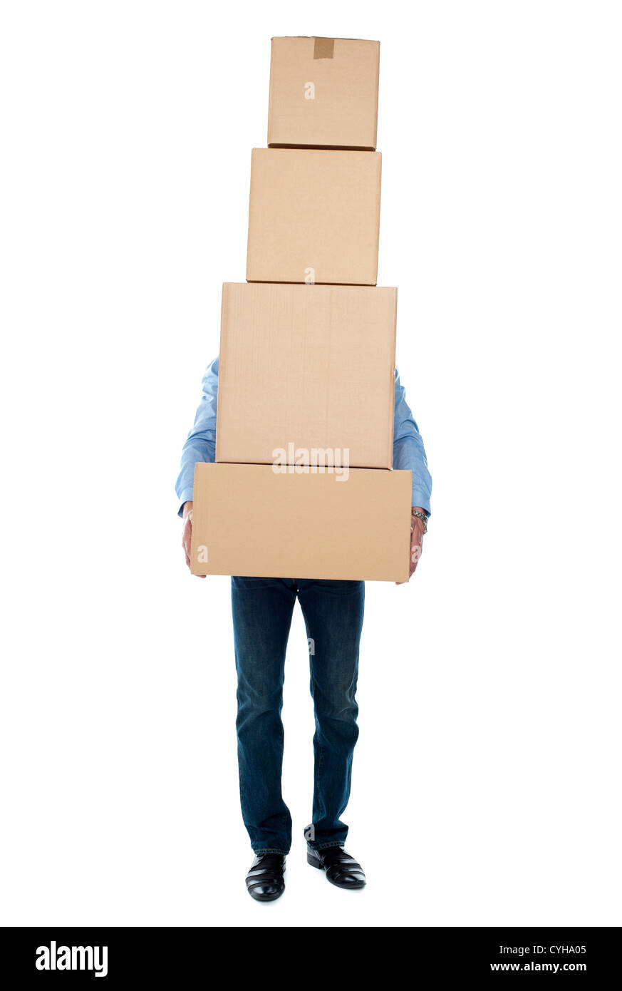 Guy carrying heavy packages isolated over white background. Overloaded ...