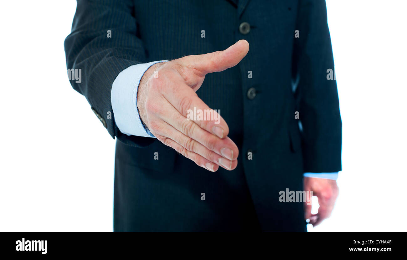 Close-up of businessman offering hand for handshake. Isolated on white ...