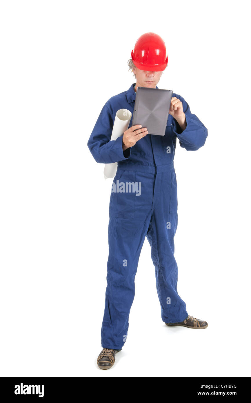 Craftsman at work with tablet isolated over white background Stock ...