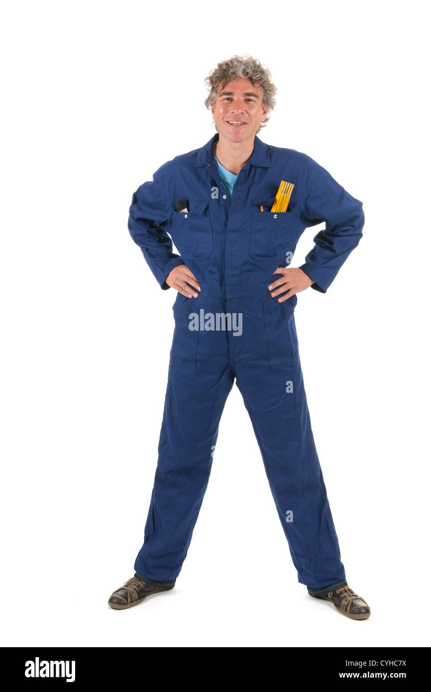 Handsome handyman in blue overall ready for the job Stock Photo - Alamy